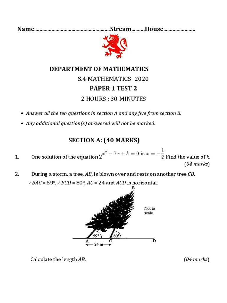 2020 Kings College Budo s4 Mathematics Paper 1 Pre Uneb Test 2 | PDF ...