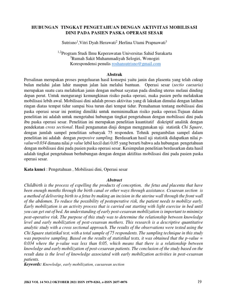 Hubungan Tingkat Pengetahuan Dengan Aktivitas Mobilisasi Dini Pada ...