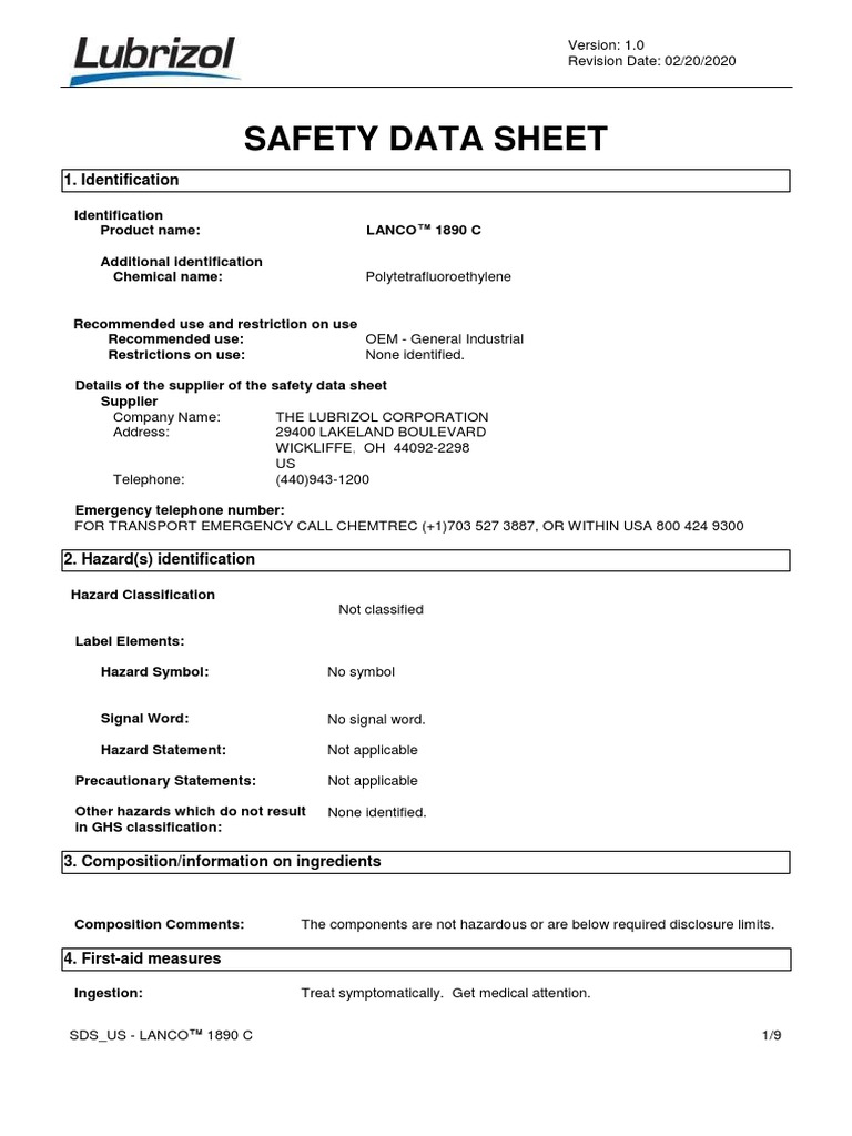 Msds Lanco 1890 C | PDF | Personal Protective Equipment | Toxicity