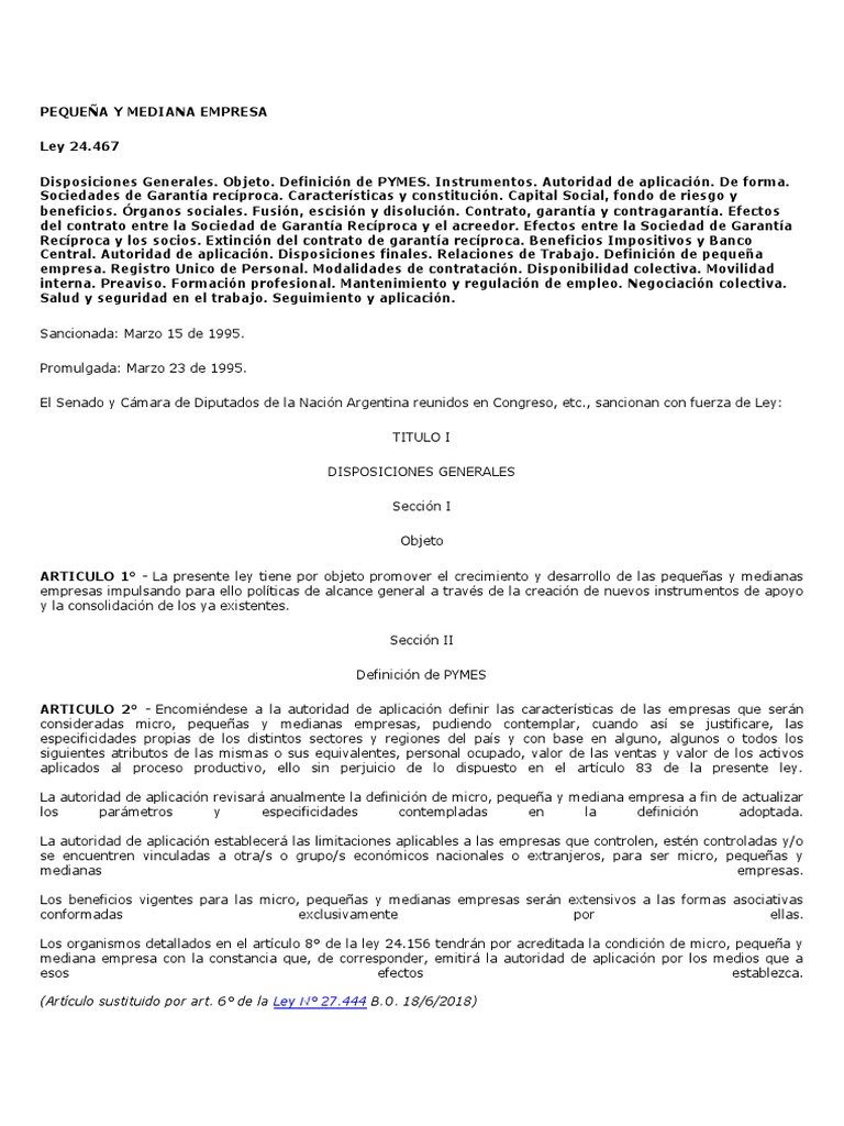 Ley 24.467 - PYMES - SGR | PDF | Pequeñas y medianas empresas | Business