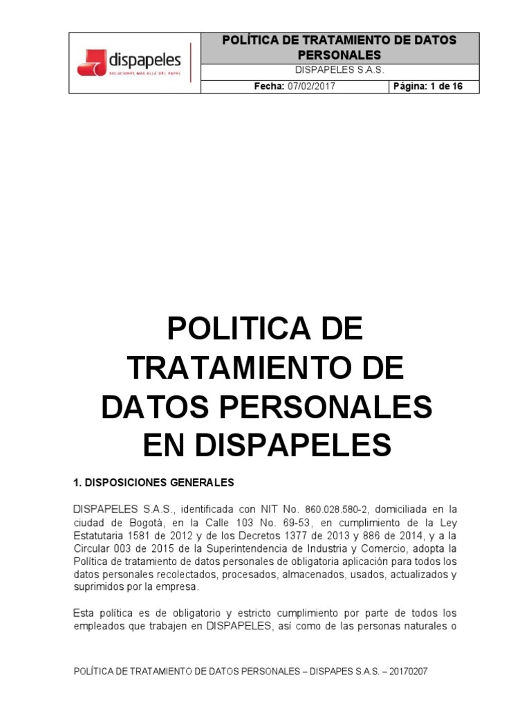 Politica de Tratamiento de Datos Dispapeles V4 20170214 | PDF | Privacidad de la información ...