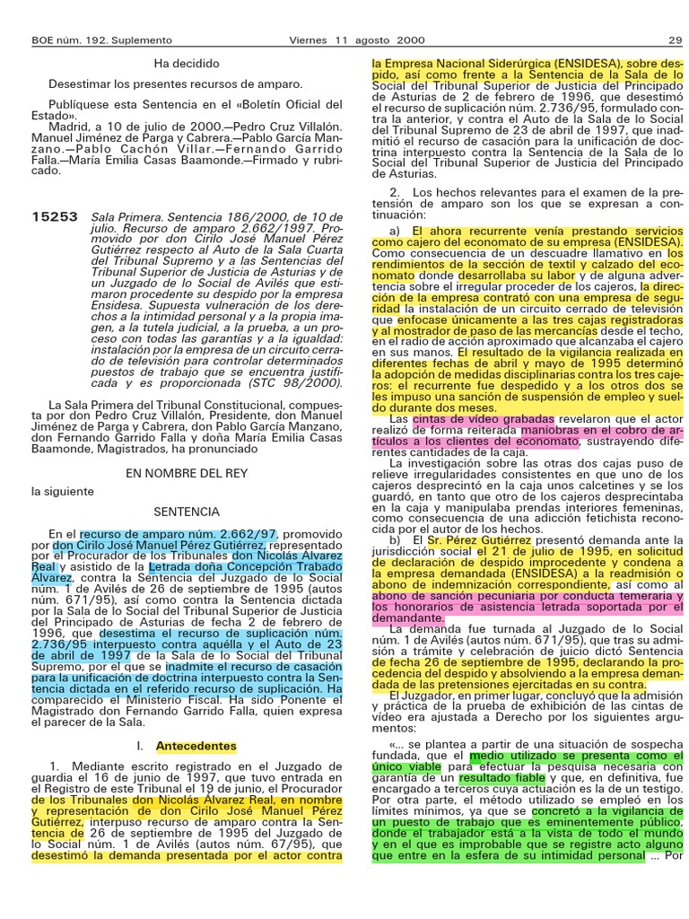 STC 186-2000 | PDF | Sentencia (ley) | Esfera pública