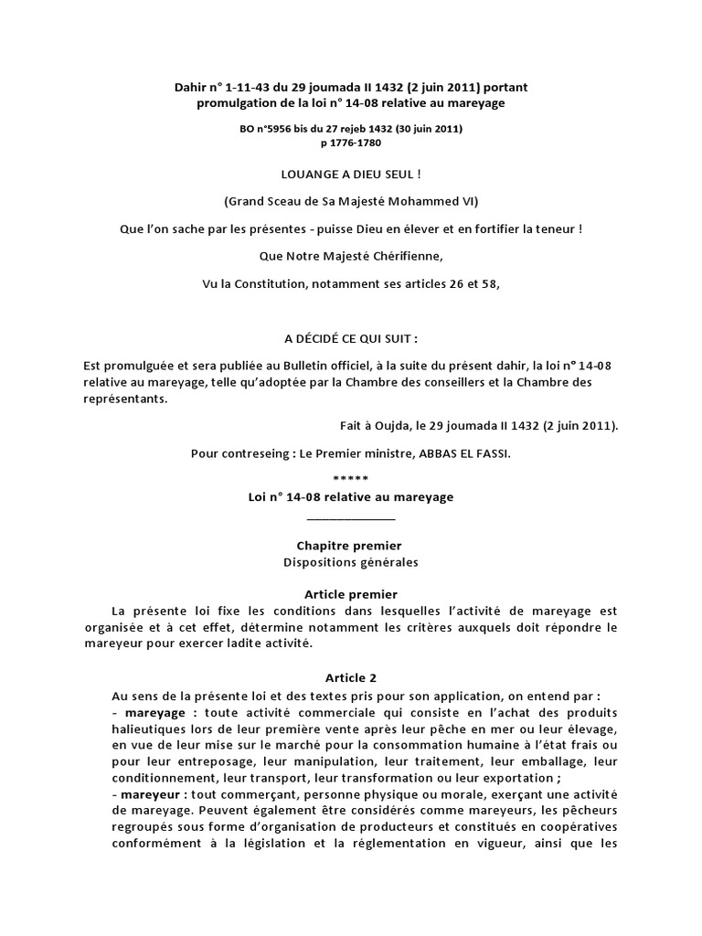Loi n° 14-08 sur le mareyage au Maroc | PDF | Transport