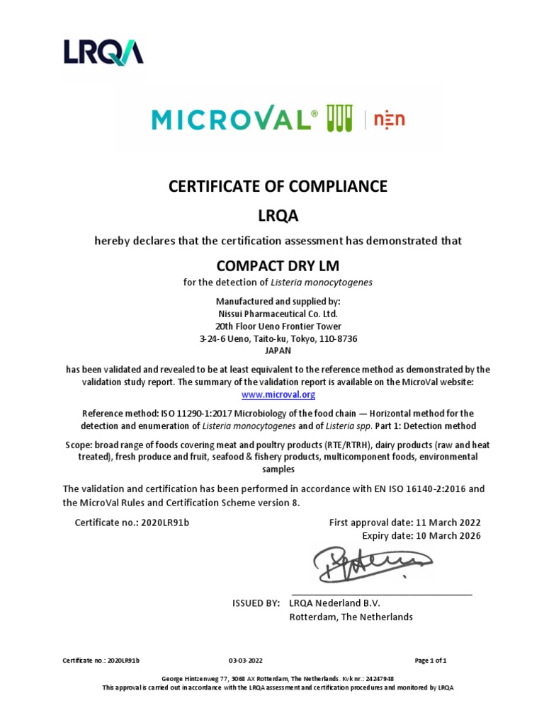 Compact Dry LM Detection - Certificate 2022-2026 | PDF | Food And Drink ...