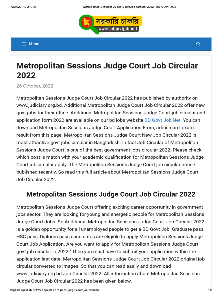 Metropolitan Sessions Judge Court Job Circular 2022 - BD GOVT JOB | PDF ...