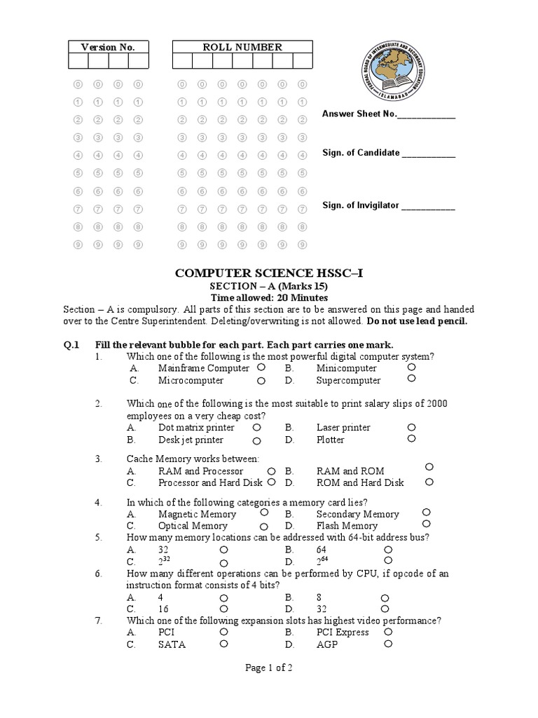 Comp HSSC 1 Model Paper | PDF | Central Processing Unit | Cpu Cache