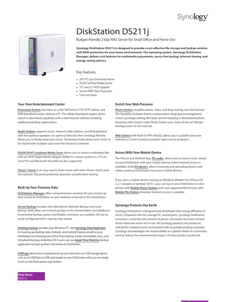 Synology DS211j Data Sheet Enu | PDF | Operating System | File Transfer ...