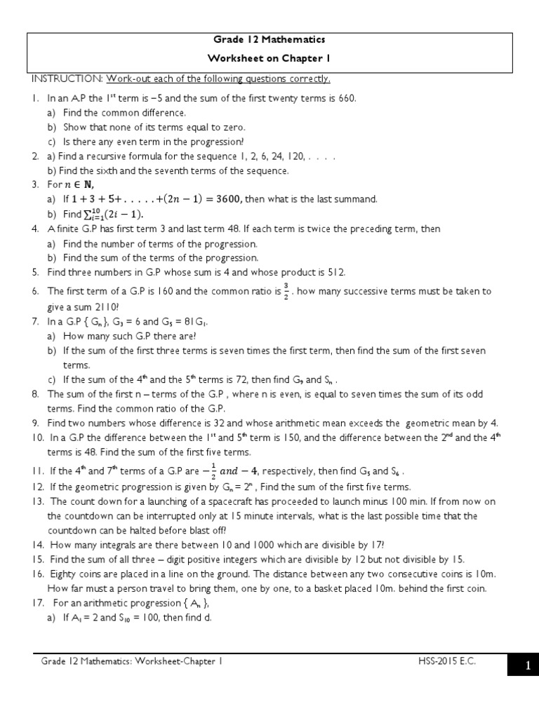 G12 Mathematics Worksheet - Ch1 | PDF | Summation | Mathematics