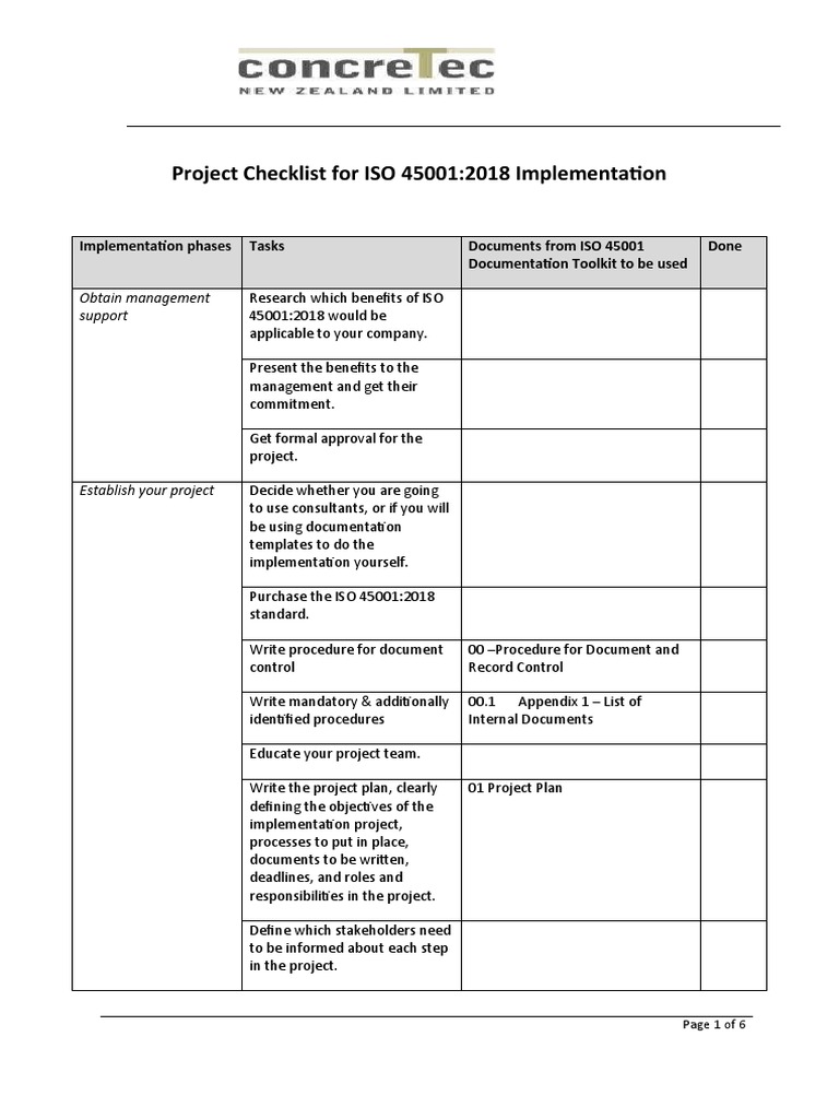 Project Checklist For ISO 45001 2018 Implementation EN | PDF | Internal ...