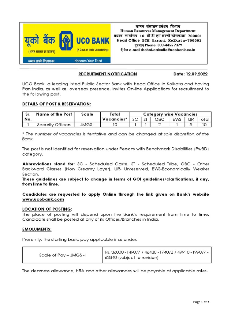 UCO Bank Security Officer Recruitment 2022 | PDF | Payments | Fee