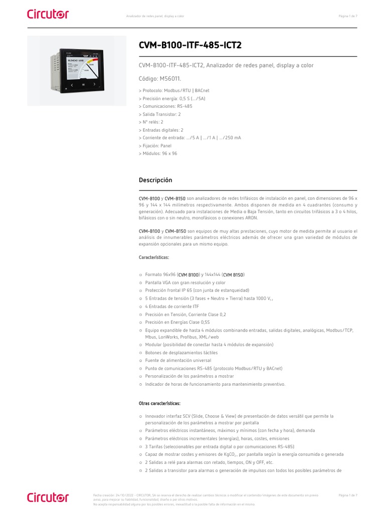 CVM-B100-ITF-485-ICT2, Analizador de Redes Panel, Display A Color ...