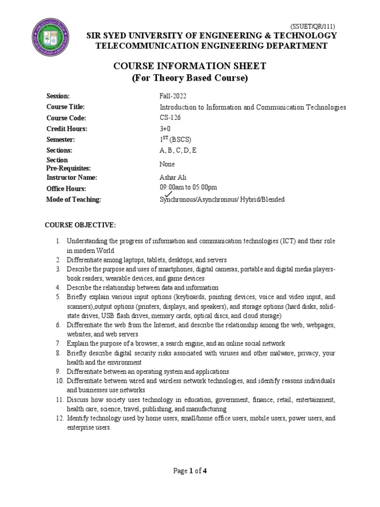 CIS CS126 Introduction To Information & Communication Technologies ...