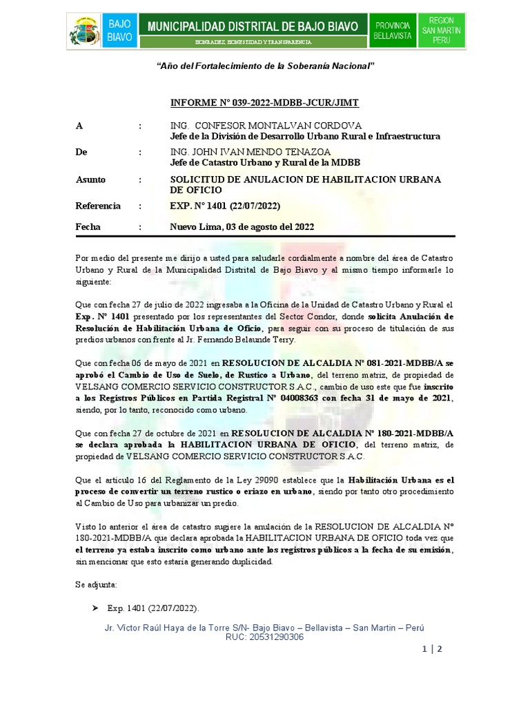 INFORME #039-Anulacion de Habilitacion Urbano de Oficio | PDF | Gobierno