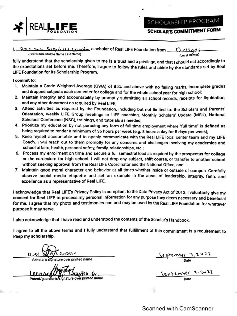 Lazatin Scholar Commitment Form | PDF