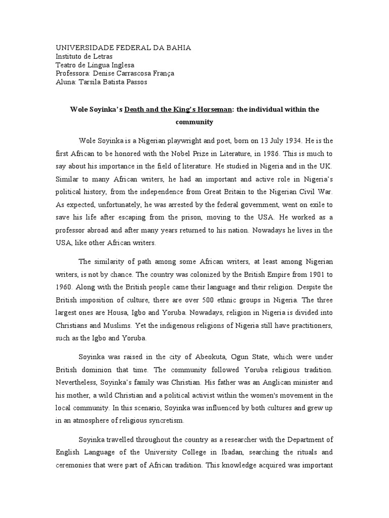 Wole Soyinka - Death and The King's Horseman | PDF | Nigeria | Rituals