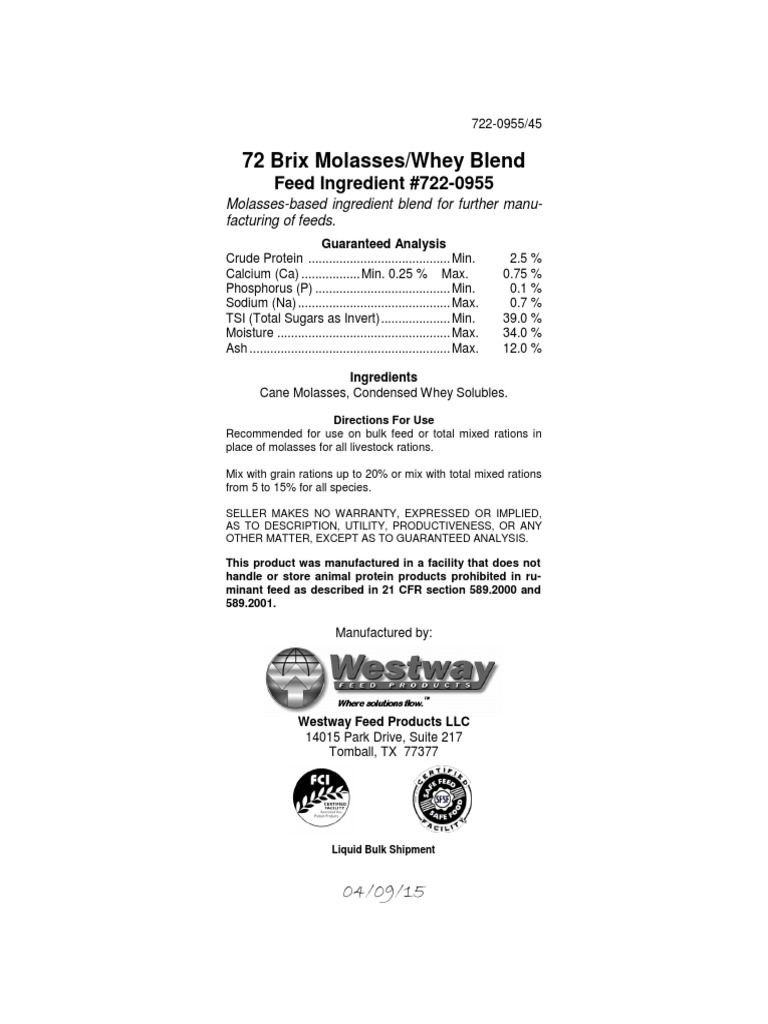 General Information - Westway Feed Co - 72 Brix Molasses Whey Blend | PDF