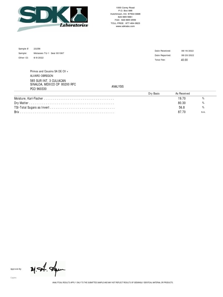 Analysis - P&C - Cane Molasses - SDK Labs | PDF | Renewable Fuels ...