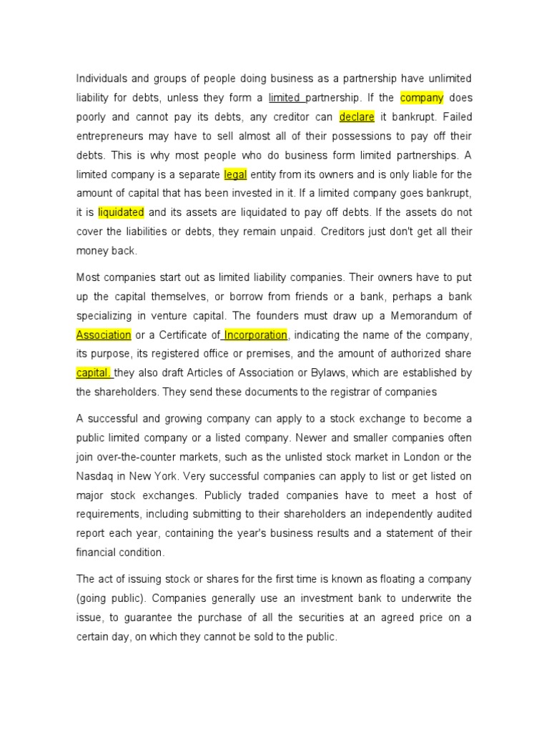 Individuals and Groups of People Doing Business As A Partnership Have Unlimited Liability For ...