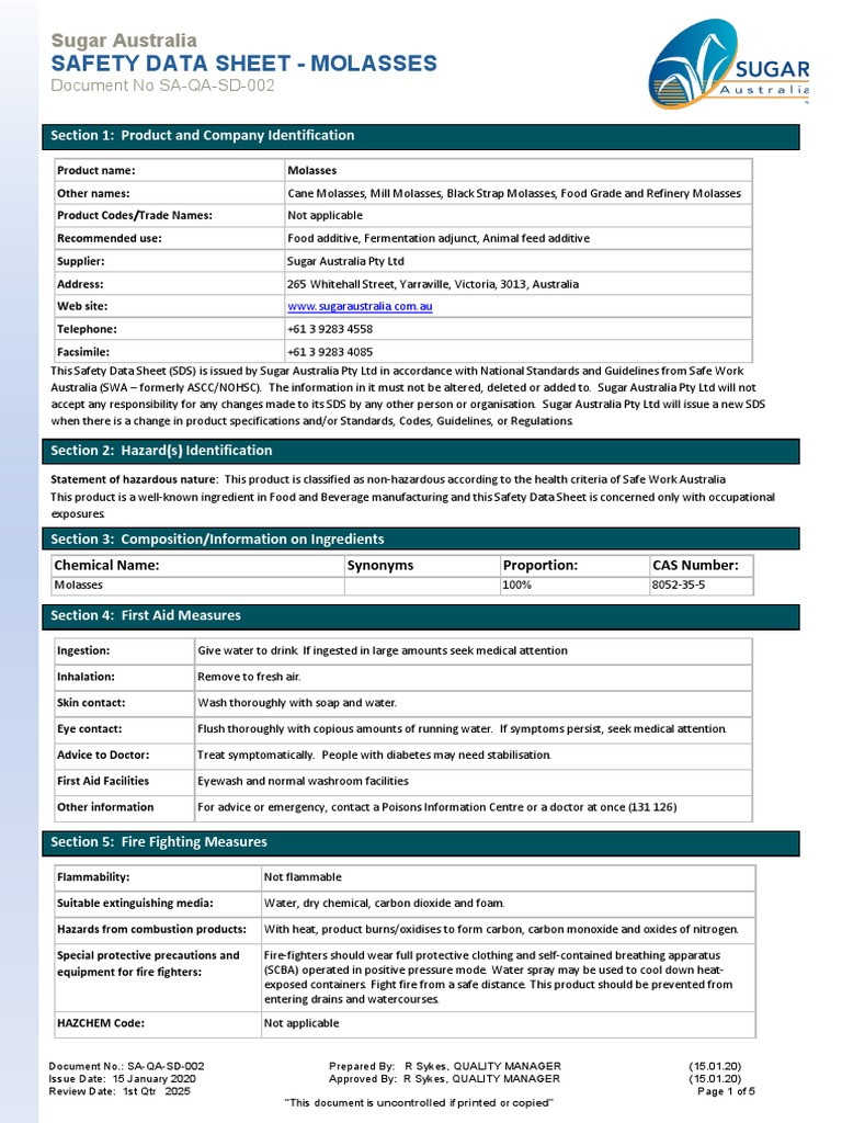 Safety Data Sheet - Sugar Australia - Cane Molasses (2020) | PDF | Dangerous Goods | Combustion