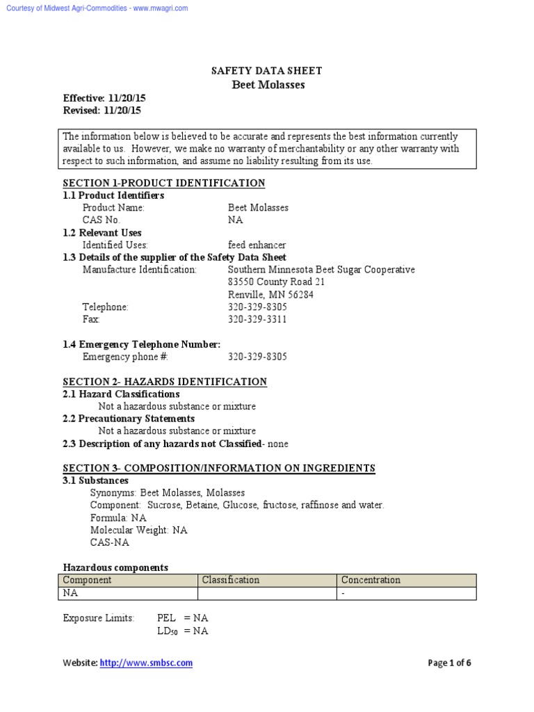 Safety Data Sheet - SMBSC - Molasses (Spreckels Sugar Inc) | PDF ...
