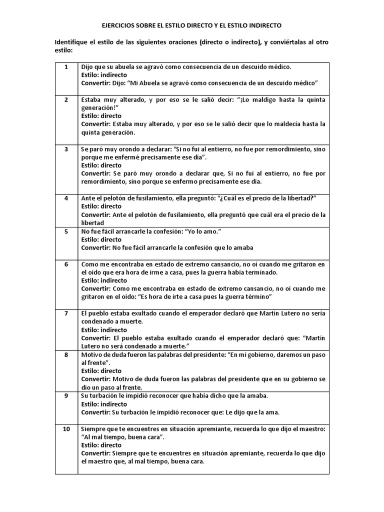 Ejercicios Sobre El Estilo Directo y El Estilo Indirecto | PDF | Historia