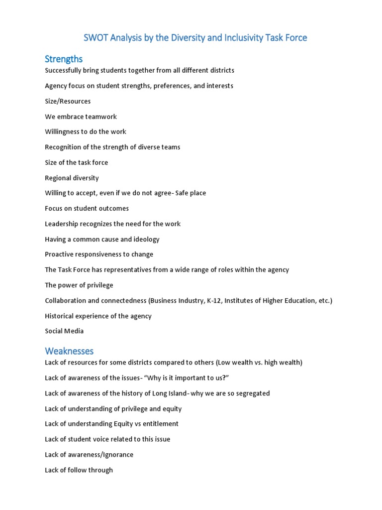 SWOT Analysis - Diversity and Inclusivity Task Force | PDF | Leadership | Popular Culture ...