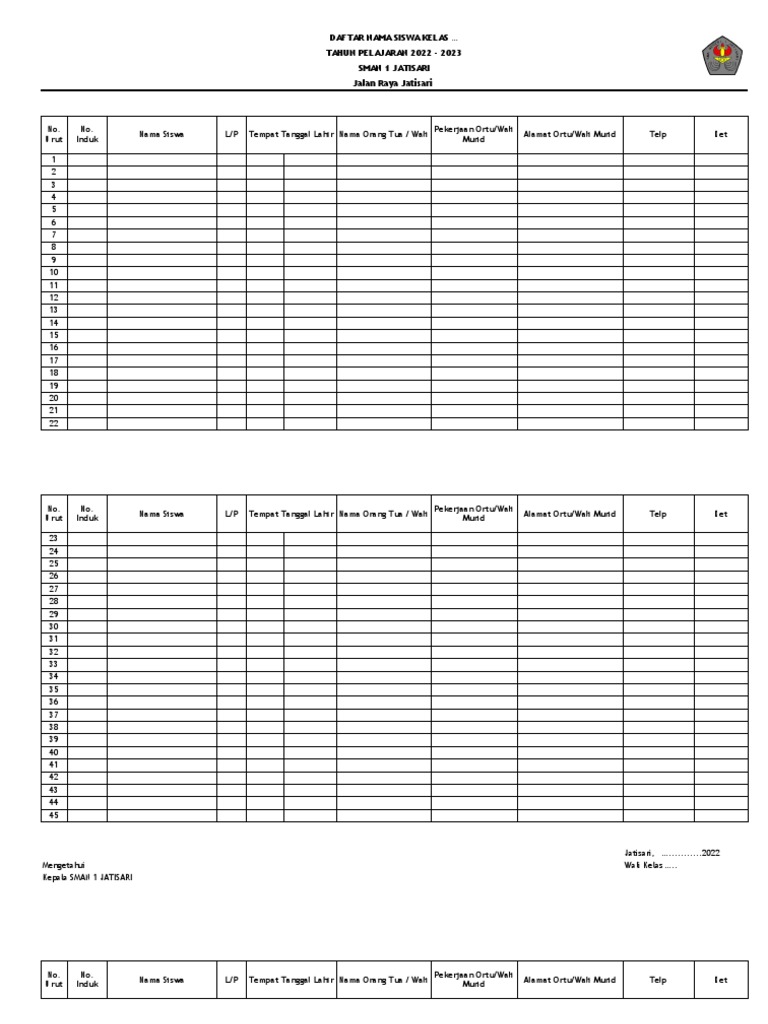 Daftar Siswa Kelas 10 IPS 3 SMAN 1 Jatisari | PDF