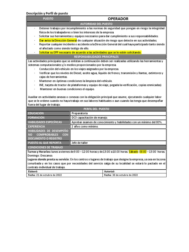 Perfil Puestos Chofer Scri | PDF