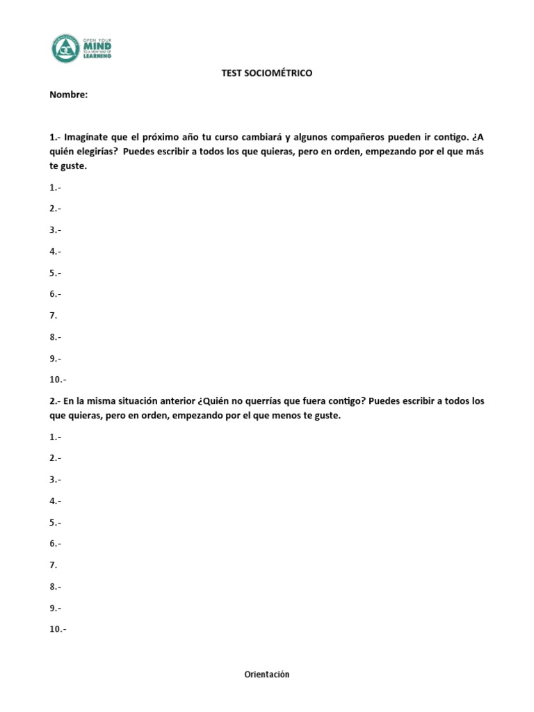 Test Sociométrico para Niños | PDF | Relaciones personales, crianza y ...