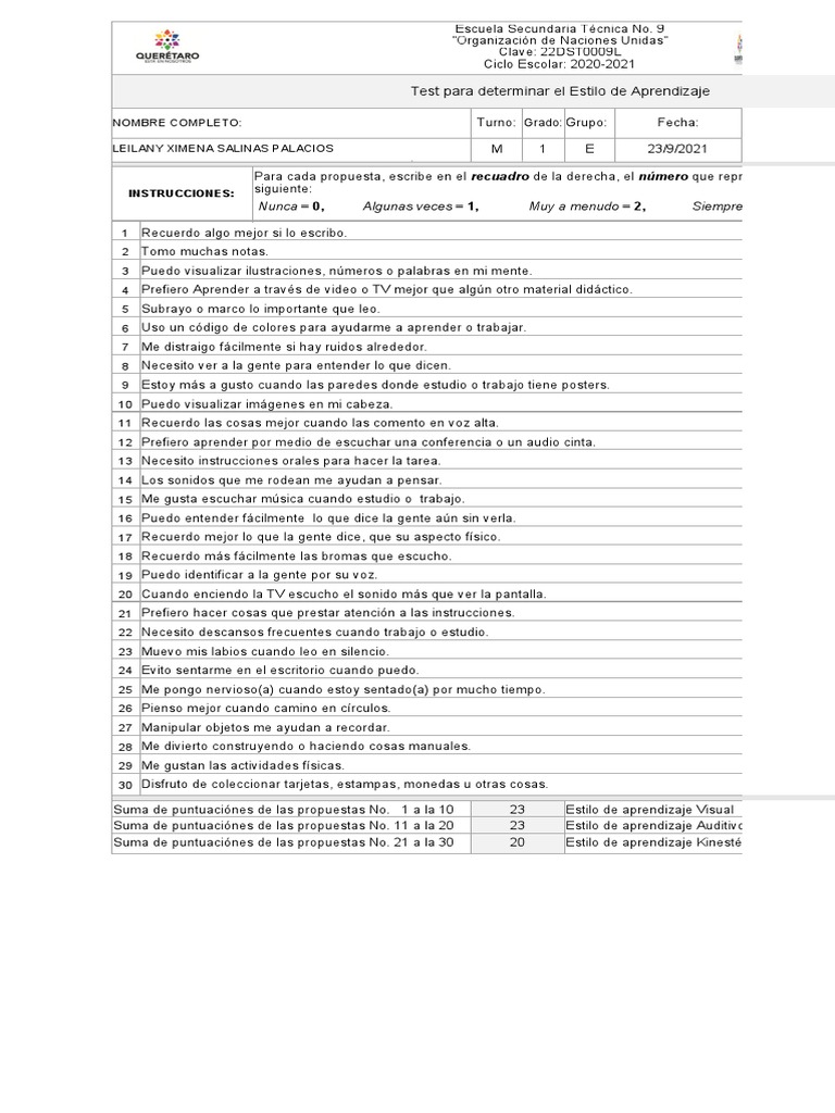 TEST INTERACTIVO ESTILO APRENDIZAJE ok | PDF | Aprendizaje