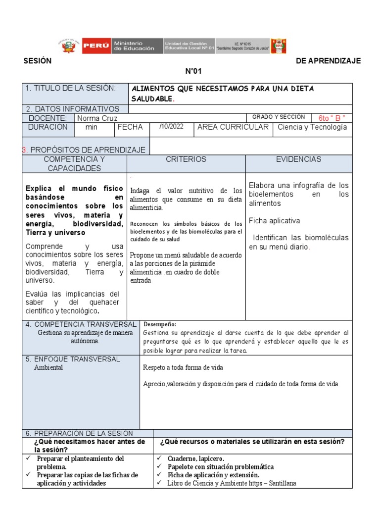 Sesión de Aprendizaje N°01: Alimentos Que Necesitamos para Una Dieta Saludable | PDF ...