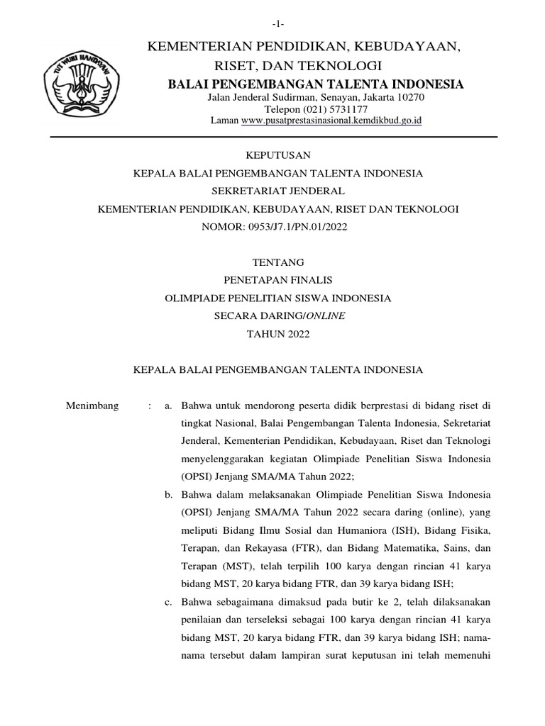 Finalis OPSI 2022: Penetapan Resmi | PDF