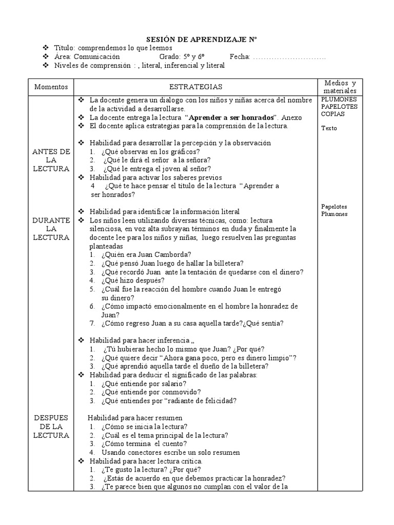 Sesiones Comprension Lectora 5to y 6to | PDF | Ciencia cognitiva | Cognición