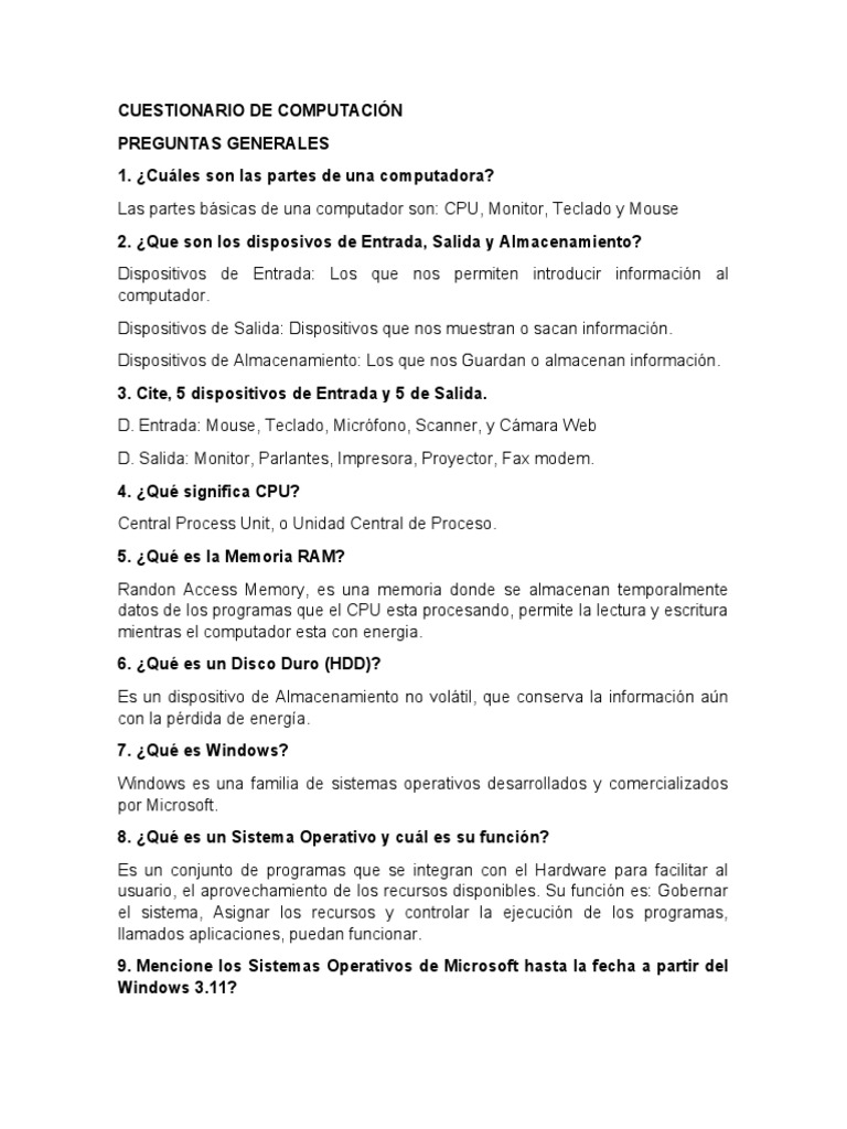 Cuestionario de Computación | PDF | Hardware de la computadora | Periférico