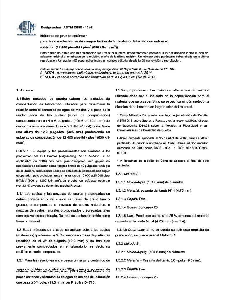 ASTM-D698 Proctor Estandar ESPAÑOL | PDF | Agua | Densidad