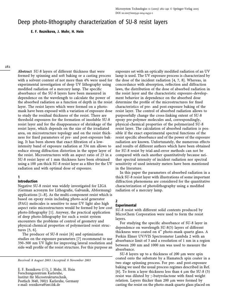Deep Photo-Lithography Characterization of SU-8 Resist Layers | PDF | Photolithography | Radiation