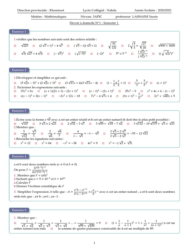 Devoir 1 Modele 5 Mathematiques 3ac Semestre 1 | PDF | Algèbre générale | Théorie des anneaux