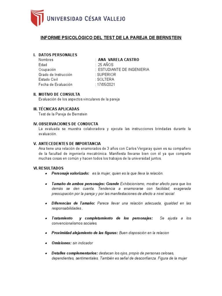 Informe del Test de Pareja de Bernstein | PDF | Sicología | Ciencias ...