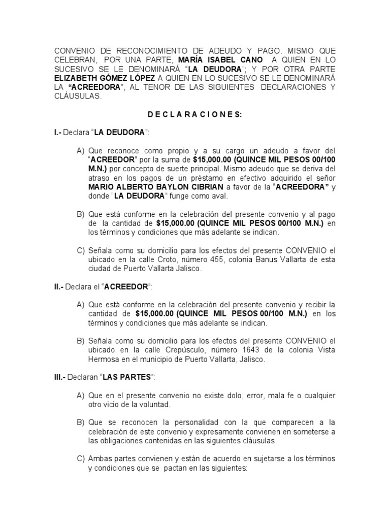 Convenio de Reconocimiento de Adeudo y Pago | PDF | Pagos