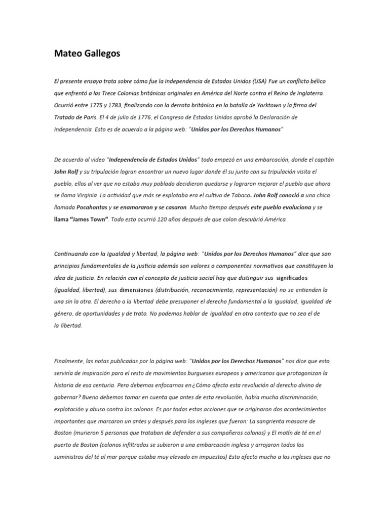 Ensayo Sobre Las Trece Colonias - Mateo Gallegos | PDF | Declaración de independencia de los ...