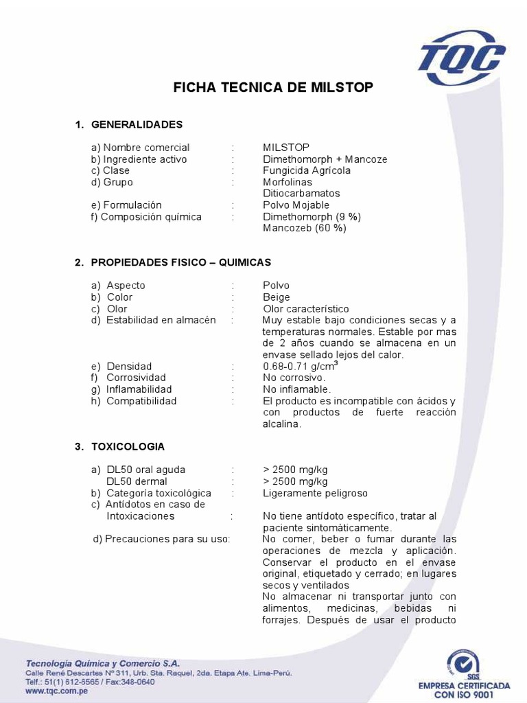 Ficha Tecnica de Milstop TQC | PDF | Agua | Química