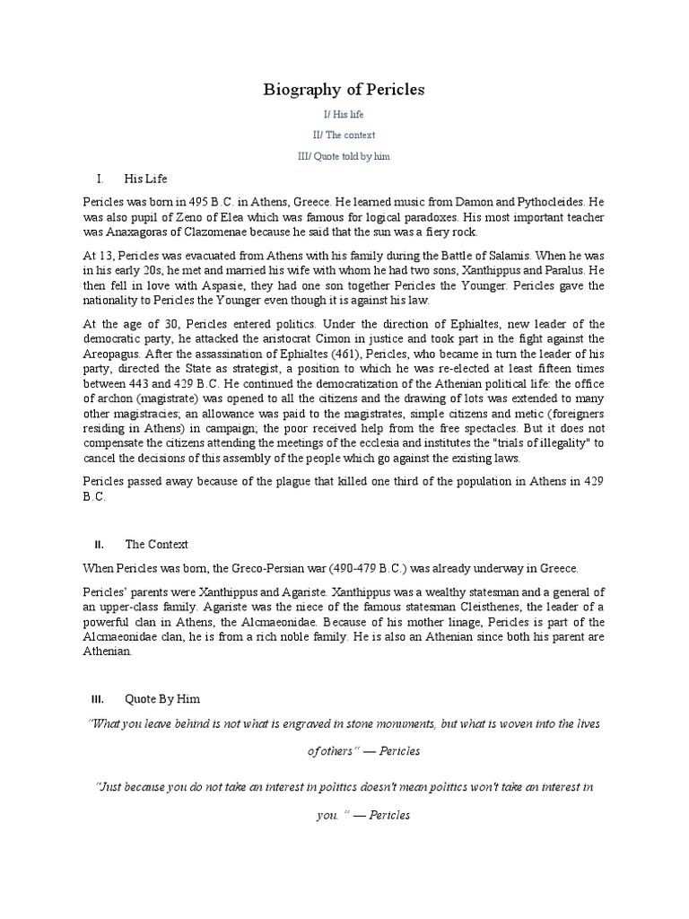 Biography of Pericles | PDF | Ancient Greek Government | Ancient Peoples