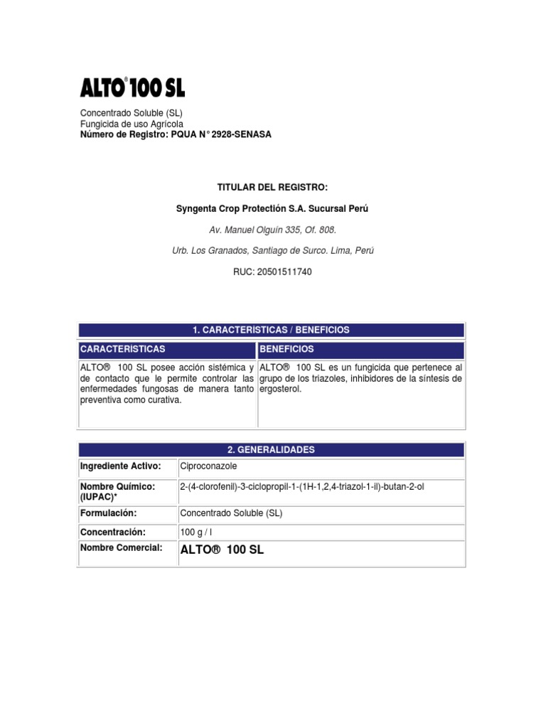 Ficha Técnica del Fungicida Alto 100 SL | PDF | Agua
