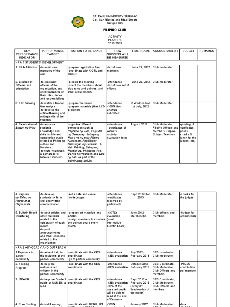 Filipino Club Action Plan | PDF