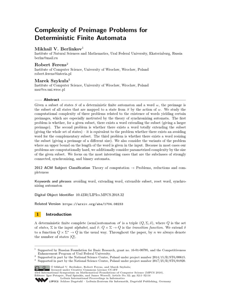 Complexity Of Preimage Problems For Deterministic Finite Automata Download Free Pdf Time