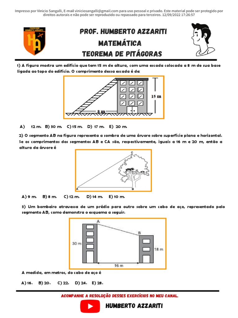 Lista de Exercícios - Teorema de Pitágoras - Passei Direto | PDF