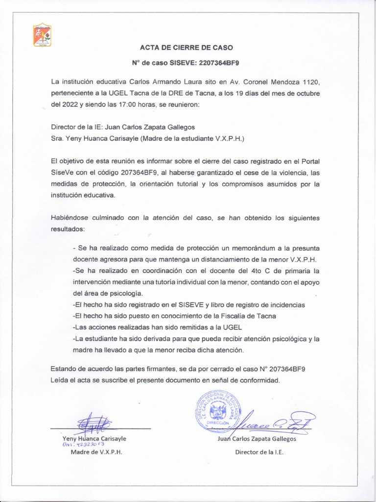 Acta de Cierre Caso VXPH | PDF