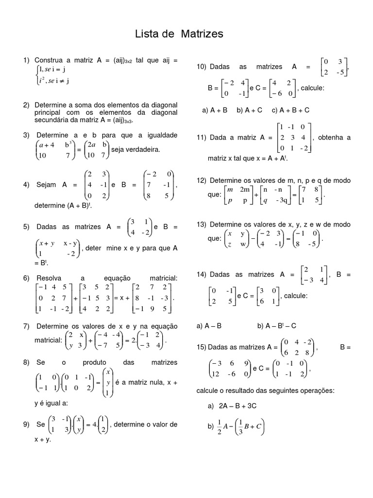 452496-1Â° Lista de Matrizes | PDF | Matriz (Matemática) | Objetos ...