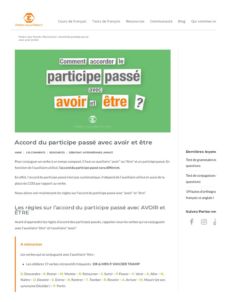 Accord Du Participe Passé Avec Avoir Et Être | PDF | Sujet (Grammaire ...