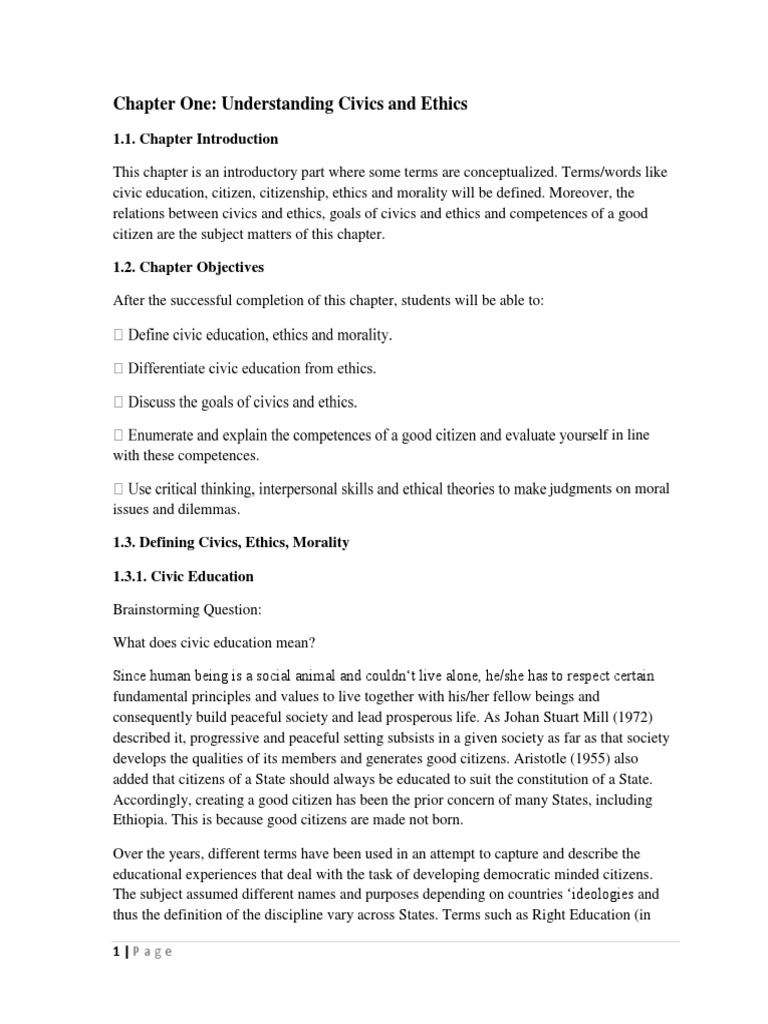 Chapter One: Understanding Civics and Ethics | PDF | Morality | Citizenship